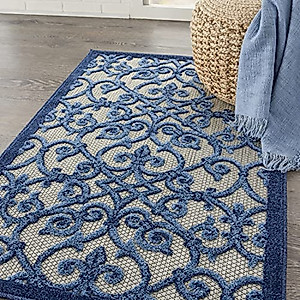 Nourison Aloha Indoor/Outdoor Grey/Blue 2'8" x 4' Area Rug, Transitional, French Country, Easy Cleaning, Non Shedding, Bed Room, Kitchen, Living Room, Deck, Backyard, (3' x 4')