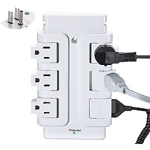 Outlet Extender, 6 90° Rotating Plugs, 15A, 125V, 1875W, 540J, Power Strip, Surge Protector Power Strip for Travel Hotel Office Home Wall Surge Protector, White