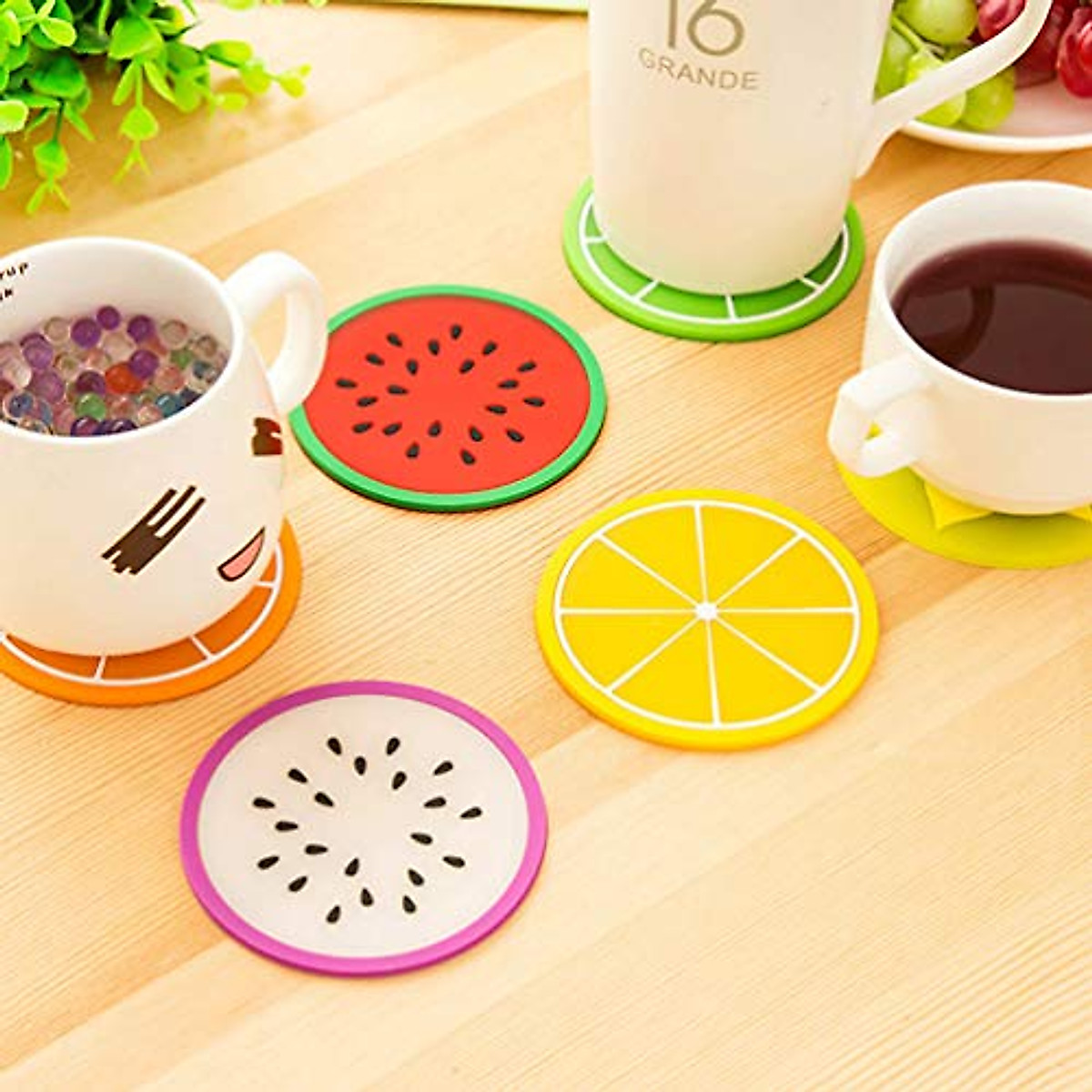 7 Pcs Fruit Coaster, Non Slip Silicone Heat Insulation Coasters, Cute Slice Drink Cup Mat for Bar Kitchen and Patio Tabletop