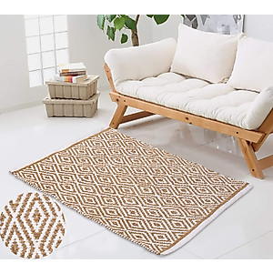 THE BEER VALLEY Cotton Diamond Rug 21x34 Inches - Linen, Reversible Machine Washable Accent Rugs for Bedroom, Kitchen, Entryway, Bathroom