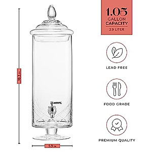 Fifth Avenue Crystal Beverage Dispenser for Countertop - 1 Gallon Large Glass Drink Dispenser w/Spigot & Lid - Party Drink Dispenser for Sweet Tea Lemonade Punch Water, Juice Dispensers for Parties