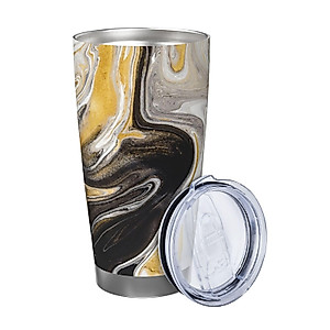 Black and Gold Swirl liquid ink marble 20oz Tumbler Stainless Steel Vacuum Insulated Coffee Travel Mug, Durable Coffee Travel Mug with Splash-Proof Lid Metal Straw and Brush Thermal Cup for Outdoor