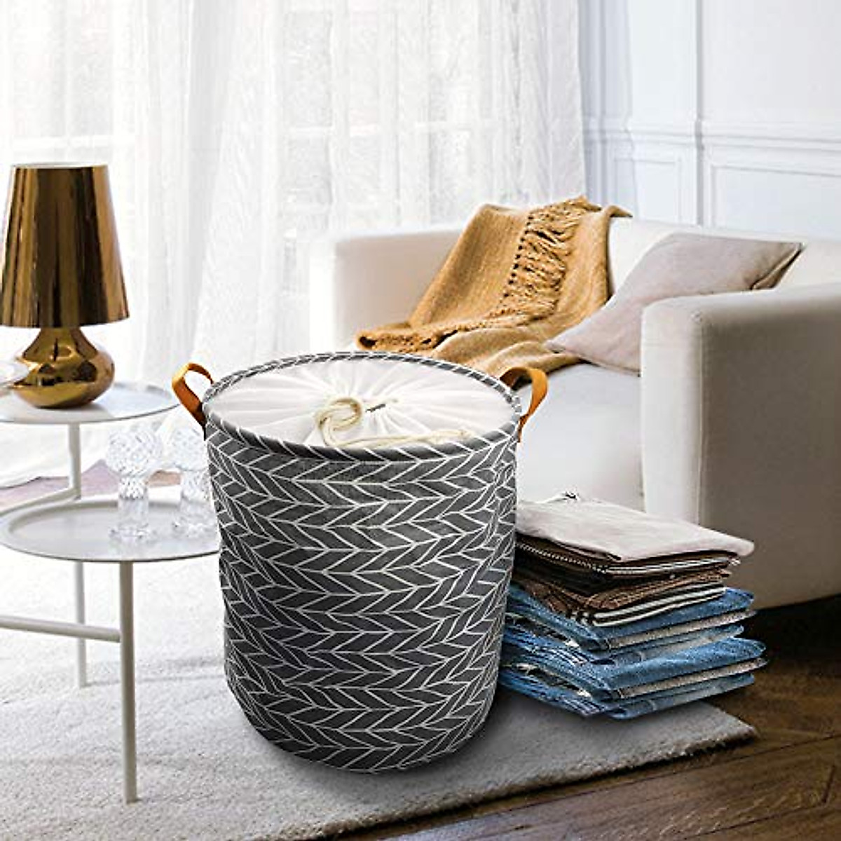 SUPINEFOX US Large Collapsible Laundry Basket, Drawstring Waterproof Dirty Clothes Laundry Hamper,Foldable Linen Bin Storage Organizer with Handles for Kids Room,Toy Storage (19", Gray)