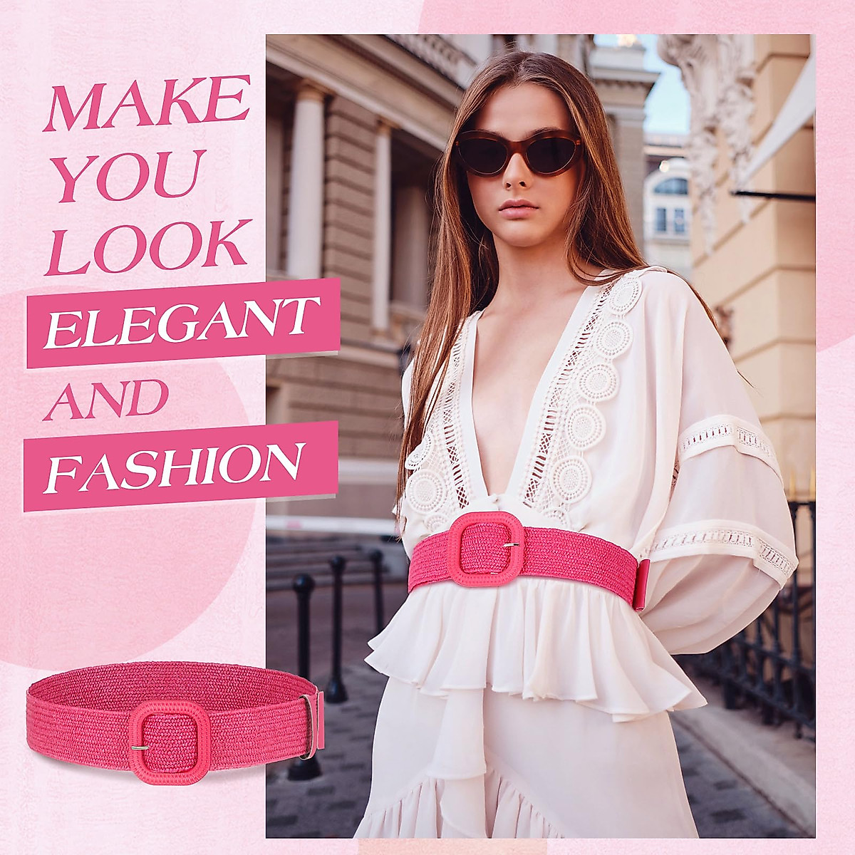 Syhood Women Straw Woven Belt Elastic Rattan Waist Belt Stretch Boho Dress Braided Belt Raffia Belt with Wood Buckle for Girl (Rose Red)