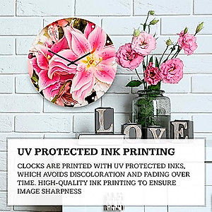 Soul Décor Pink Lilys Flowers Wall Clock, Silent Non-Ticking, Battery Operated Kitchen Clock, Aluminum Composite Face, Suitable for Offices, Bedrooms, and Bathrooms 12 Inch Round