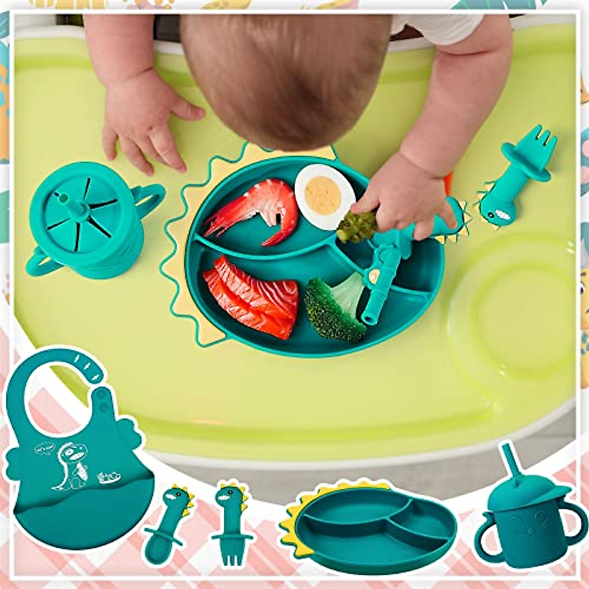 Yaomiao 6 Pcs Silicone Toddler Feeding Set Baby Led Weaning Supplies Dinosaur Shape Divided Silicone Suction Plate Adjustable Bib Sippy Cup with Spoon and Fork Straw Set, Microwave Dishwasher Safe
