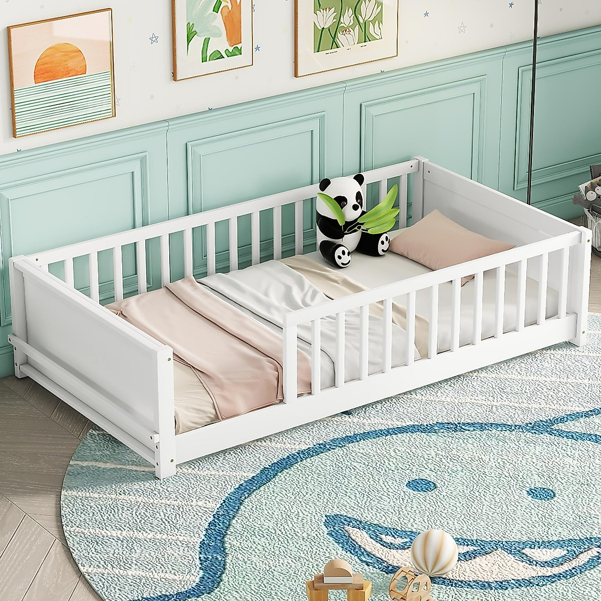 Luxo Abode Twin Size Montessori Floor Bed witn Built-in Book Storage Rack, Solid Wooden Platform Bed Frame Without Door, Easy Assembly, for Toddlers, Children's Room, Playroom, White