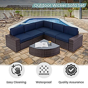 Incbruce 6-Piece Outdoor Furniture Sofa Set, All-Weather Gray Wicker Sectional Couch, Patio Conversation Sets with Glass Coffee Table and Washable Cushions(Navy Blue)