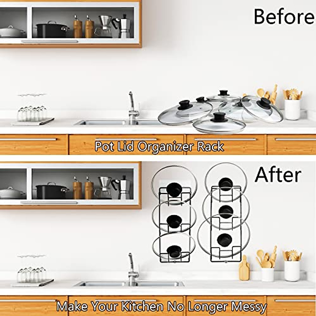 2 Pack Pot Lid Organizer Rack for Cabinet Door or Wall Mount, Pot Lid Holder for Kitchen Organization & Storage with No Drilling Adhesive, Black