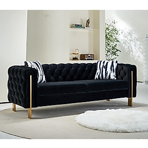 Zushule Tufted Chesterfield Sofa - A Modernized Classic with Gold Metal Legs and 2 Throw Pillows - Couches for Living Room, Office, and Bedroom - Black Velvet Couch