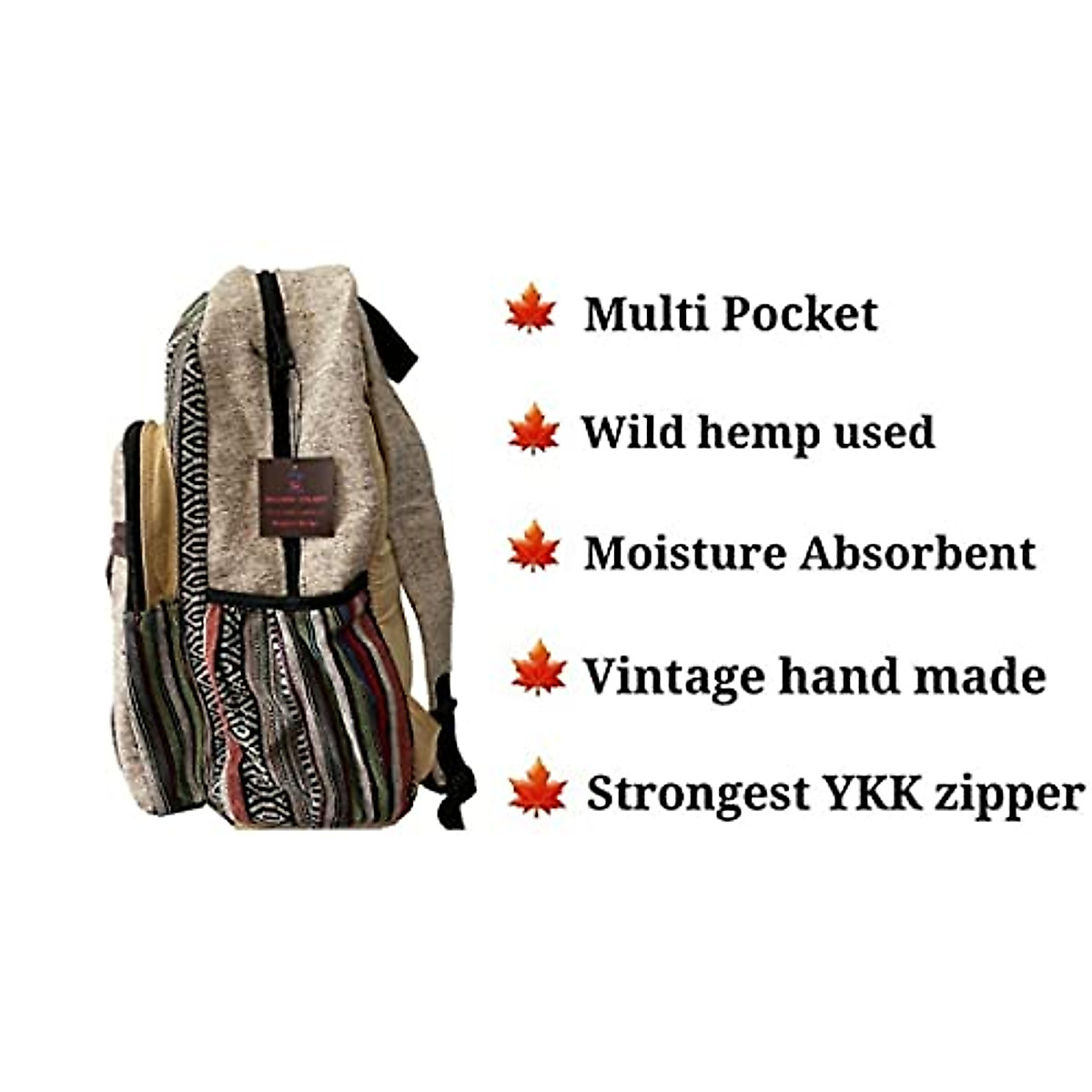 Zillion Craft Large Natural Hemp Back Pack for Men Women. Multi Color Hemp Fiber Multi Pocket Hand Made Bag. Unisex Design