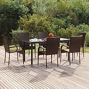 WHOPBXGAD 7 Piece Patio Dining Set Rattan Chair,Gardens Patio Furniture,Oak Patio Furniture Set,Sui for Gardens, lawns, terraces, poolsides, patios,Brown Poly Rattan