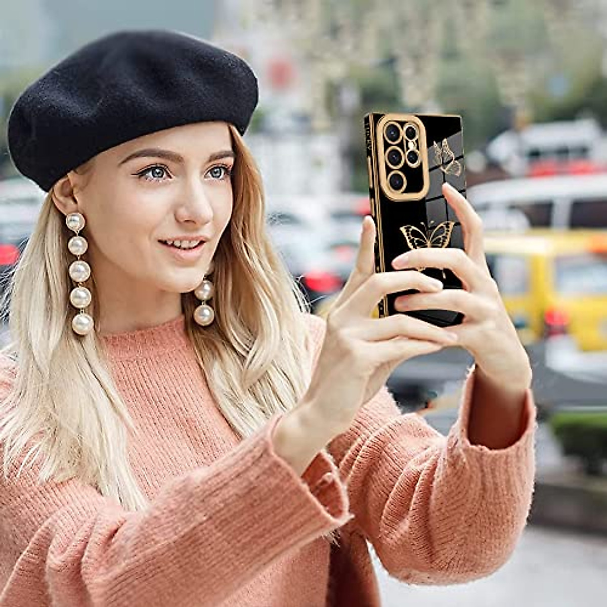 MZELQ for Samsung S22 Ultra 5G Case Butterflies Design for Women Girls,Cute Luxury Plating Edge Bumper Full Camera Lens Protection Cover for Galaxy S22 Ultra 5G 6.8“-Black