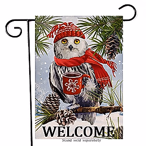 Artofy Welcome Winter Owl Coffee Pinecones Home Decorative Garden Flag Snow, Pine Trees Branches House Yard Outside Decor, Christmas Snowflakes Farmhouse Outdoor Small Decoration Double Sided 12 x 18