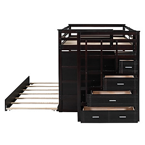 Full Over Full Bunk Bed with Stairs and Trundle, Kids Full Size Bunk Beds with Storage Drawers, Wood Trundle Bunk Beds with Guardrail for Kids Teens Adults,Espresso