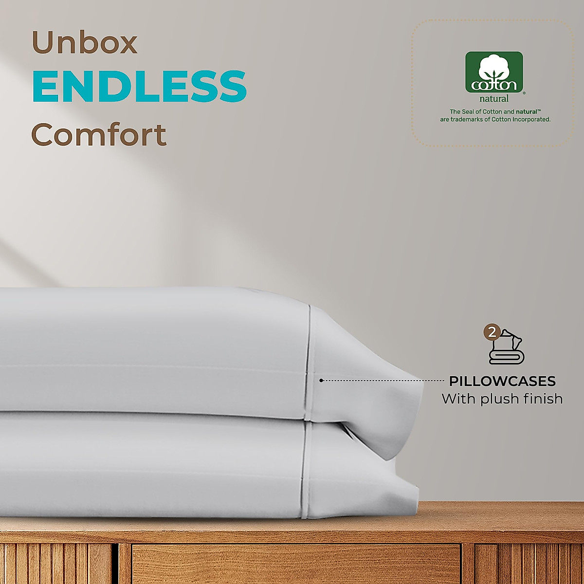 THREAD SPREAD 100% Egyptian Cotton Pillow Cases - 800 Thread Count Pillow Cases Queen/Standard Size Set of 2, Soft & Breathable Extra Long Staple Sateen Weave Cotton Pillow Covers for Bed - Silver