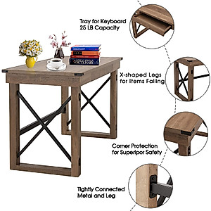 Sports Festival 47.5" Writing Computer Desk Industrial Style Large Home Office Desk with Pull-Out Keyboard Tray and Black Metal Wooden Laptop Table for Work Study