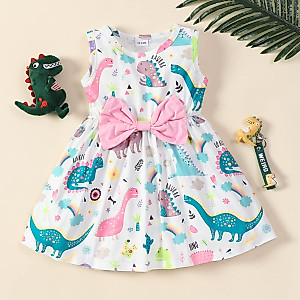 RETSUGO Baby Girl Dinosaurs Dresses Casual Pink Bowknot Dress for Toddler Girls Sleeveless Party Summer Dresses Outfit dinosaur1-1129-3T