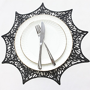Wintop Group Vinyl Placemat Hollow Out Design, Set of 6, Functional Mat for Dining Table Durable Non-Slip, Halloween Black Spider Web