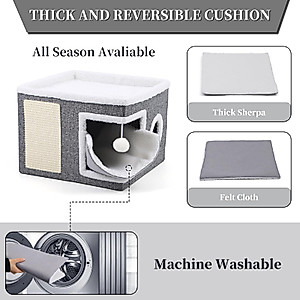 Cat Beds for Indoor Cats, Large Cat Cave with Cozy Condo, Fluffy Hanging Ball, Round Window, Foldable Indoor Cat House Hold Up to 30LBS, Cat Hideaway with Double-Sided Soft Cushions for All Seasons