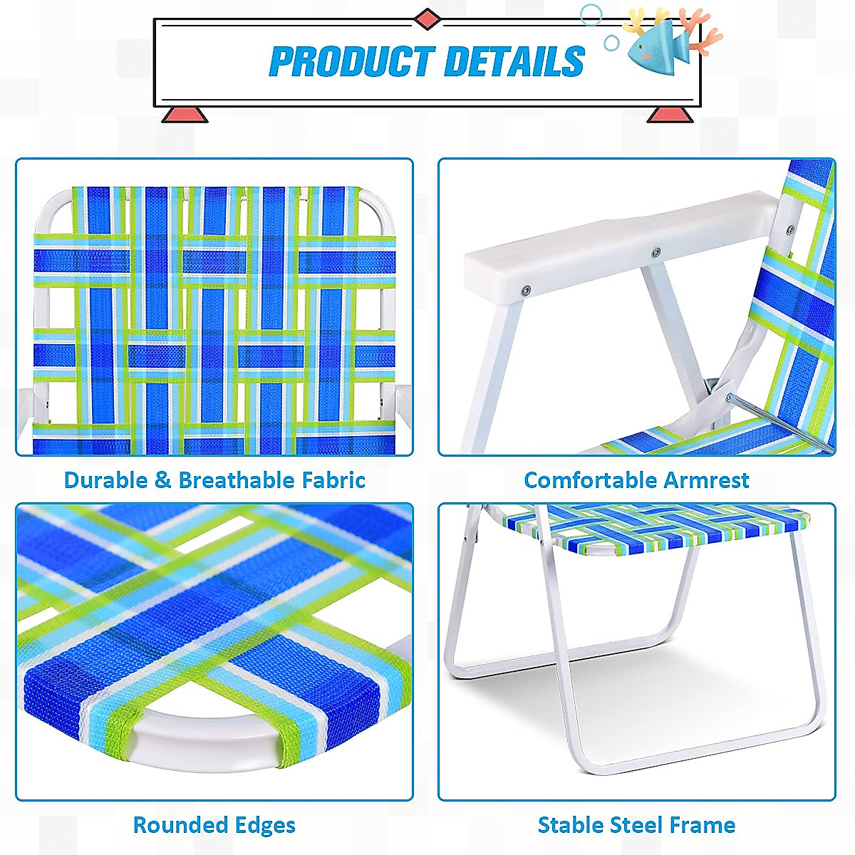 COSTWAY 6pcs Folding Beach Chair Camping Lawn Webbing Chair Lightweight 1 Position Blue