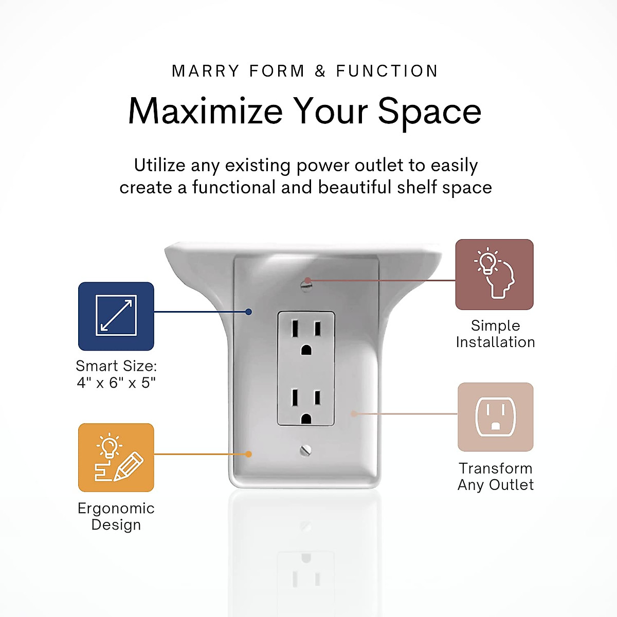 Storage Theory Power Perch Socket Outlet Shelf - Smart Home Essentials Organizer for Bathroom, Apartment, Dorm Room - Wall Shelves for Toothbrush, Echo, Speakers, Cell Phone Holder - White - 1pk