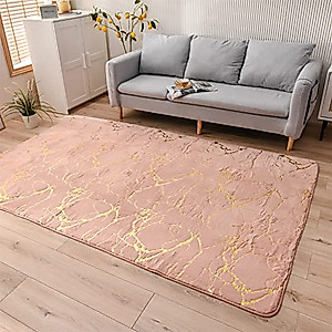 Aimuan Pink Rug Soft Gold Marble Metallic Glitter Area Rug Nursery for Princess Prince Modern Faux Rabbit Fur Mat Fluffy Plush Velvet Home Carpet Throw Rug Non-Skid Dots Backing (Pink, 5×8ft)