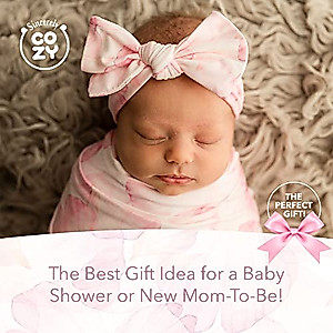 SINCERELY COZY – Baby Swaddle Blankets, Newborn Swaddle and Headband Set for 0-3 Months, Newborn Blankets for Baby Girls, Made of Bamboo Rayon, Rose Petal Love