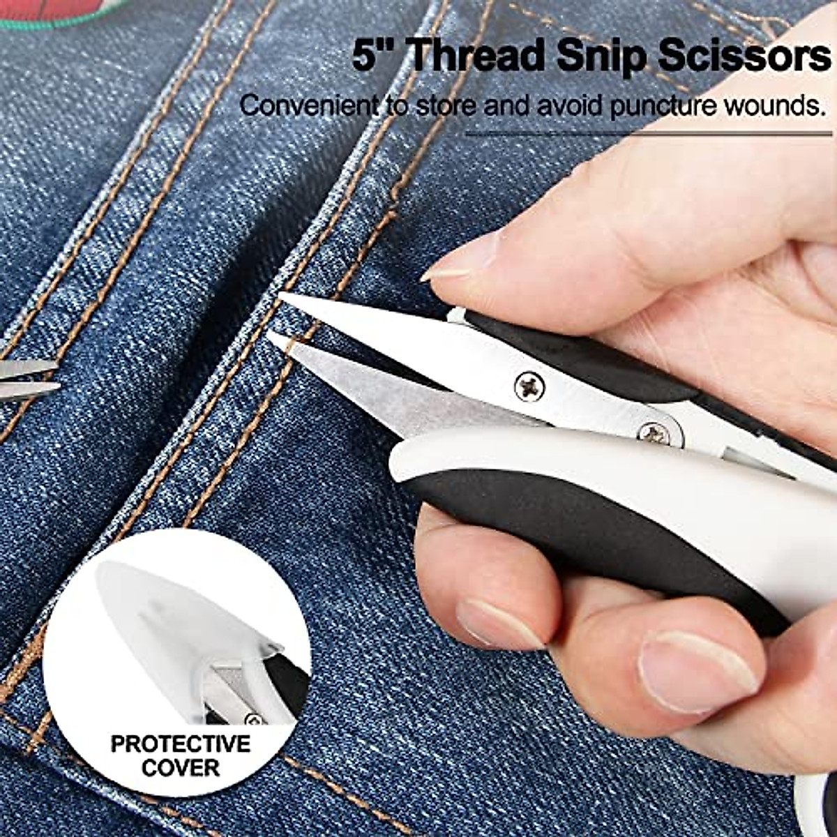 Premium Tailor Sewing Scissors Bundle, 8.1" Heavy Duty Sharp Fabric Scissors, 5.1"/4" Detail Embroidery Scissors, 5" Thread Snips with Comfort Grip (Grayish White)