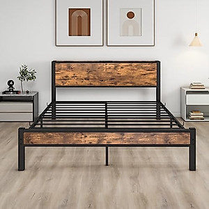 DUMEE Metal Queen Bed Frame with Wood Storage Headboard with USB Ports and Charging Station, Metal Platform Bed Frames Queen Size, No Box Spring Needed, Noise Free, Black & Rustic Brown
