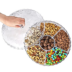ZOOFOX Snack Serving Tray, 12" Appetizer Tray with Lid, 6 Compartments Round Plastic Food Storage Organizer for Dried Fruits, Nuts, Candies, Sweet Cookies and Fruits (Clear)