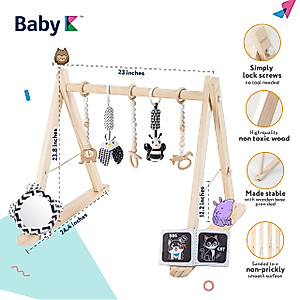 BABY K Wooden Baby Play Gym (with 7 Toys) - Foldable Wooden Play Gym with Wooden and Monochrome Hanging Toys for Baby Gym - Natural Wooden Surface - Cloth Cards & Mirror Toys for Activity Gym