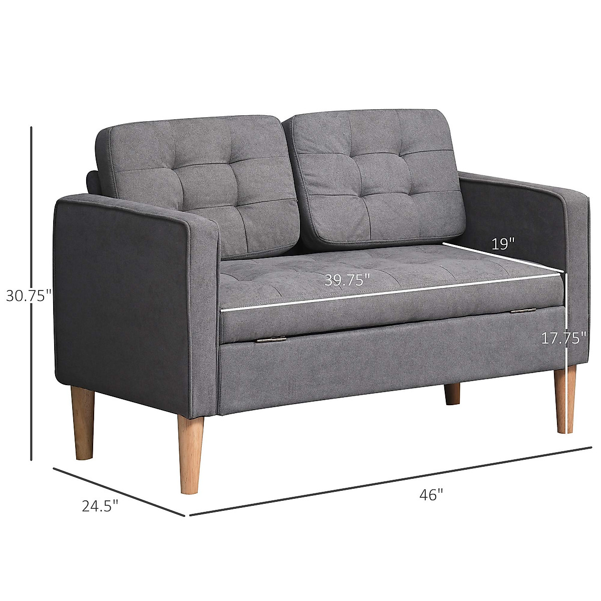 HOMCOM Modern 2-Seater Loveseat Button-Tufted Fabric Couch with Storage Chest, Cushions and Rubberwood Legs for Living Room, Grey