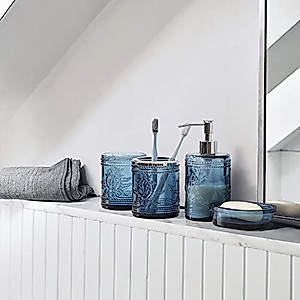 4PCs Dark Blue Glass Bathroom Accessories Set with Decorative Pressed Pattern - Includes Hand Soap Dispenser & Tumbler & Soap Dish & Toothbrush Holder