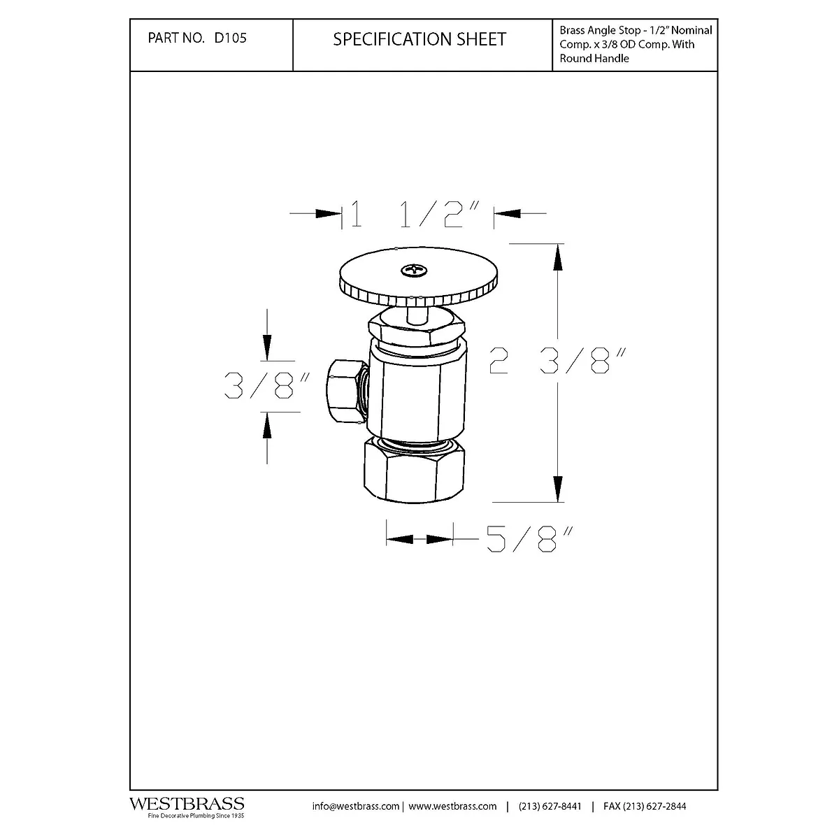 Westbrass Round Handle Angle Stop Shut Off Valve, 1/2" Copper Pipe Inlet with 3/8" Compression Outlet, Oil Rubbed Bronze, D105-12