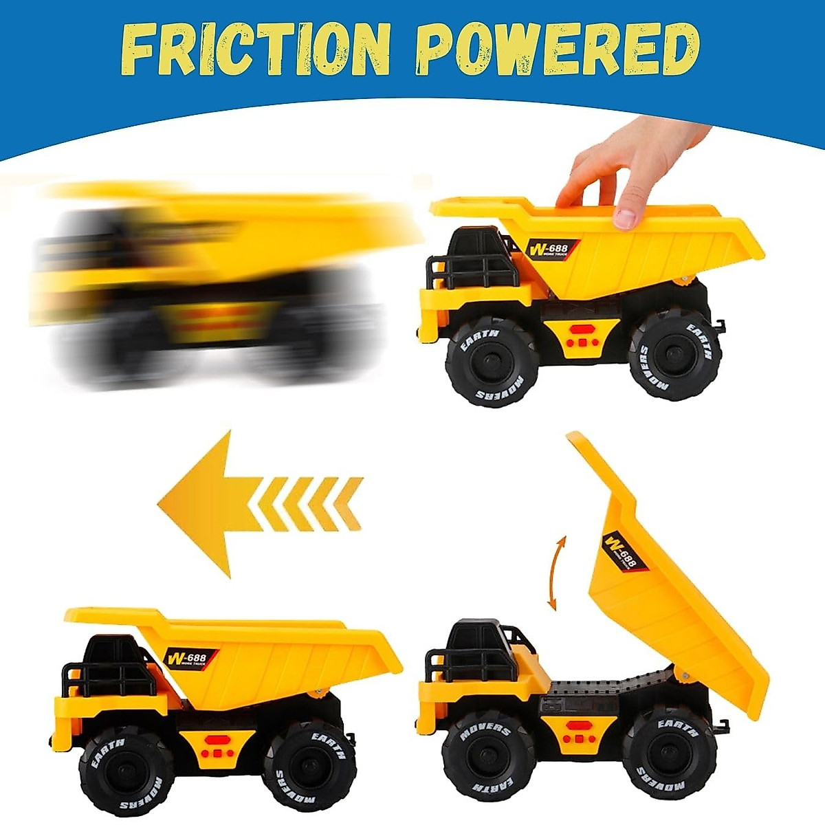 Big Construction Dump Truck Friction Powered Toy - 10-Inch Yellow Truck with Realistic Lights & Sounds, Lifting Bed, 4 Button Control Vehicle for Kids