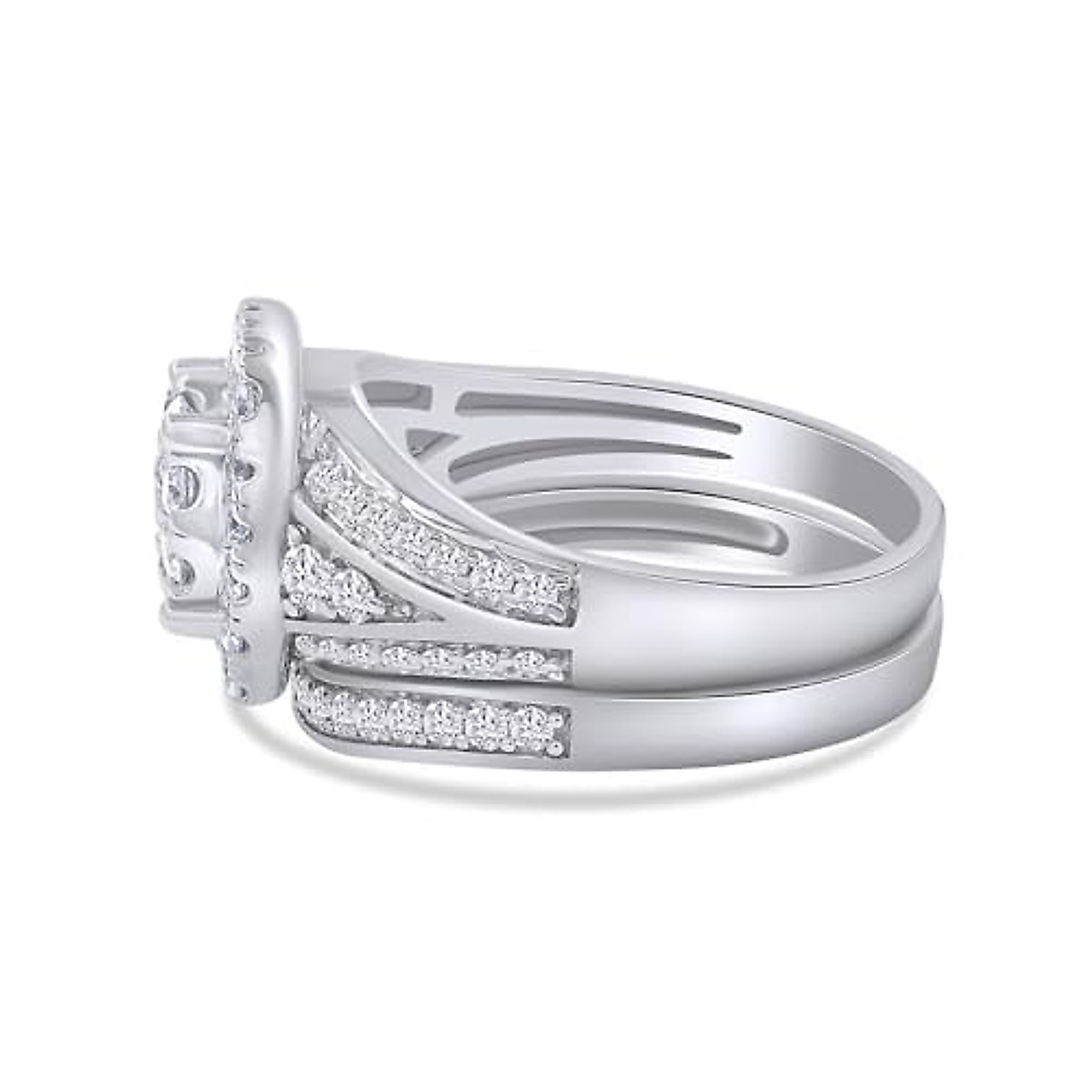 SAVEARTH DIAMONDS 1 1/4 CTTW Round Lab Created Moissanite Diamond Double Halo Bridal Set Wedding Ring in 14k White Gold Over Sterling Silver (1.25 Cttw) Size-9