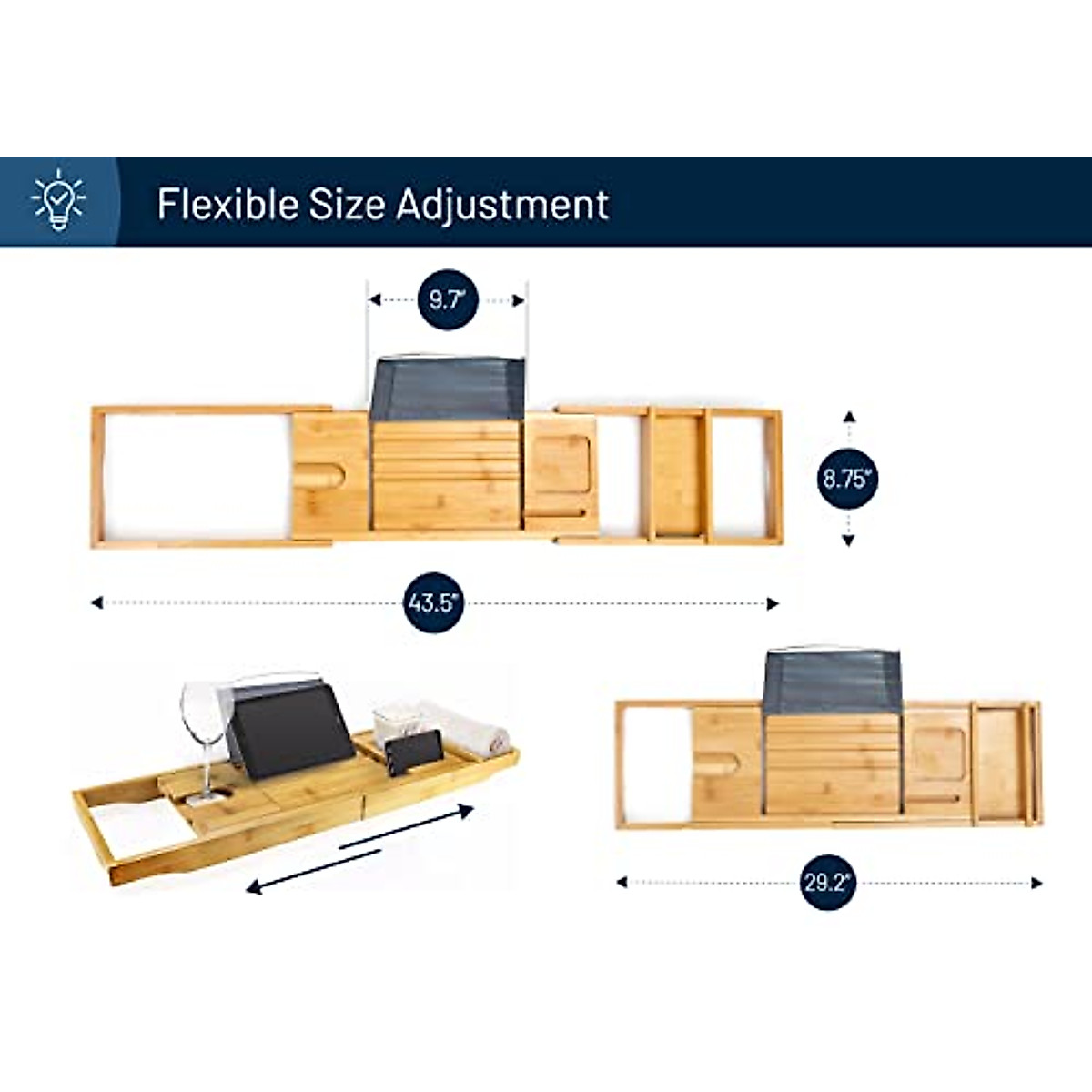 RoyalHouse Bamboo Bathtub Caddy Tray, Expandable Bath Table Over Tub with Glass Book, Adjustable Organizer Tray for Bathroom, Wine and Phone Holder, Ideal Gift for Family & Friends