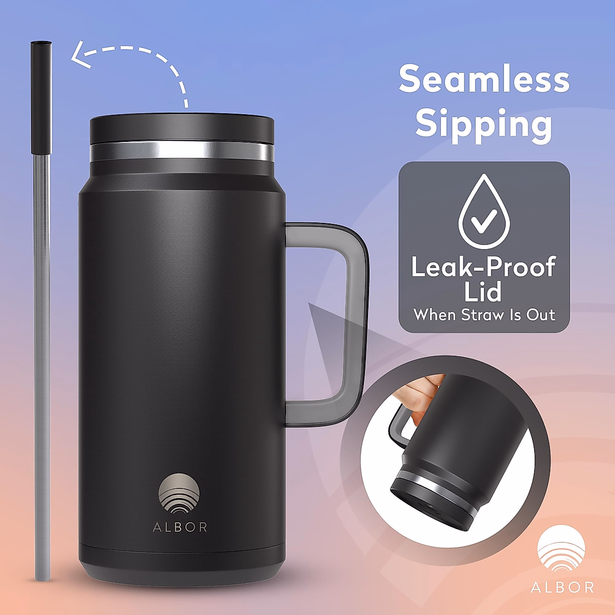ALBOR 50 oz Tumbler With Lid and Straw, Leak Proof Durable Stainless Steel Insulated Tumbler With Handle, Spill Proof Water Bottles With Straw (Black)