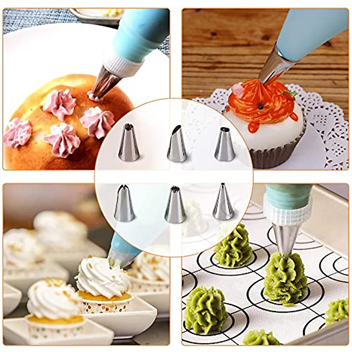 Silicone Baking Mat Macaron Baking Kit, Macaroon Baking Mat Set of 2 Half Sheet Nonstick Baking Mats, 6 Piping Tip, 2 Piping Bag and 2 Tie - Reusable Nonstick Liners for Baking Pans(16.5"x11.6")