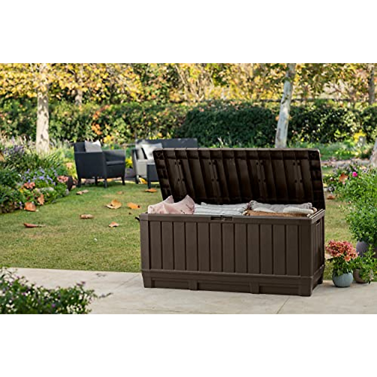 Keter Kentwood 90 Gallon Resin Deck Box-Organization and Storage for Patio Furniture Outdoor Cushions, Throw Pillows, Garden Tools and Pool Toys, Brown