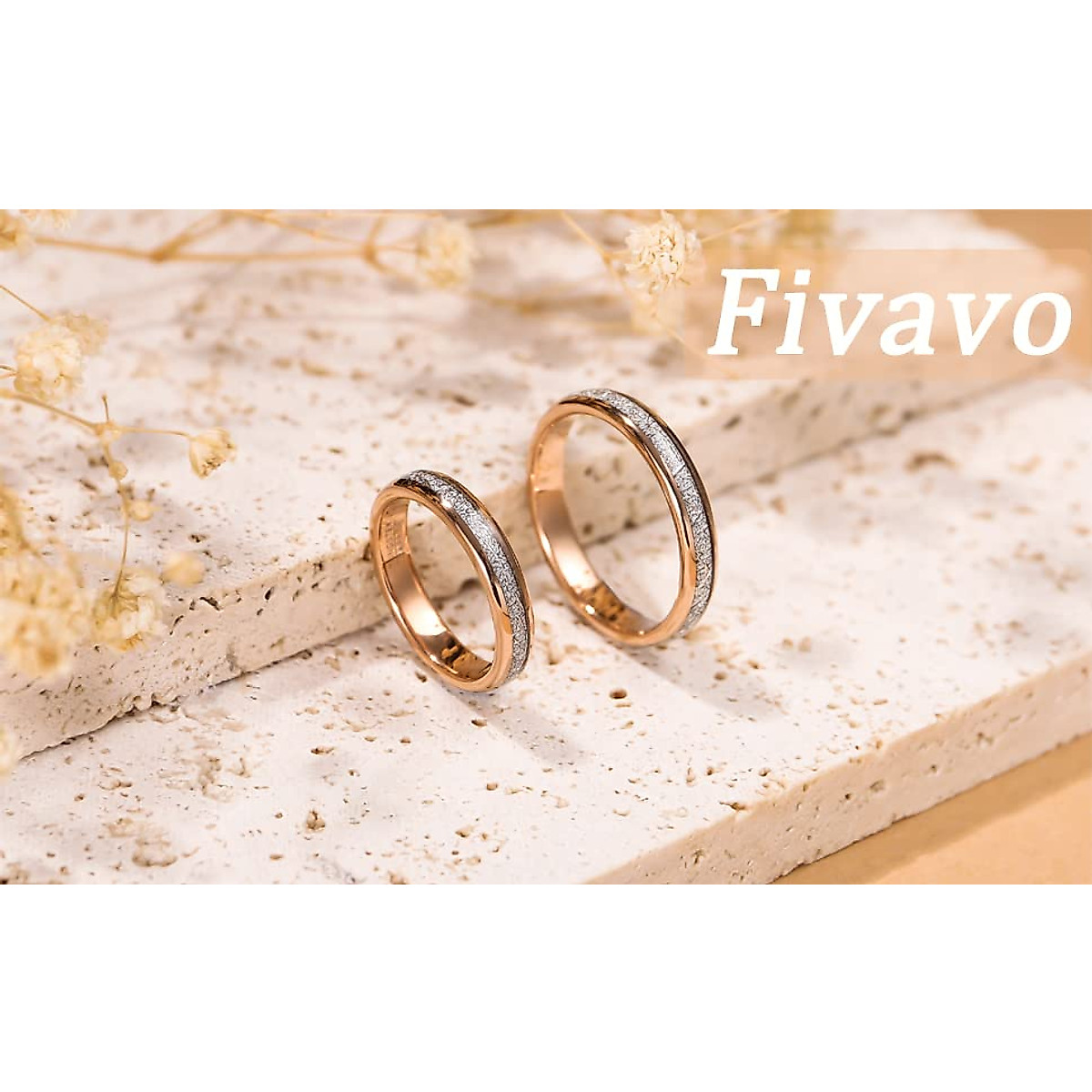 Fivavo 4mm Womens Rose Gold Rings Silver Imitated Meteorite Inlay Tungsten Wedding Band Ring Size 9
