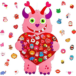 Haooryx 33Pcs Valentines Heart Monster Felt Craft Kit, DIY Monster Felt Hanging Decorations with Detachable Ornaments, Valentines Party Home Wall Door Decor Hanging Ornaments Kids Present Art Craft
