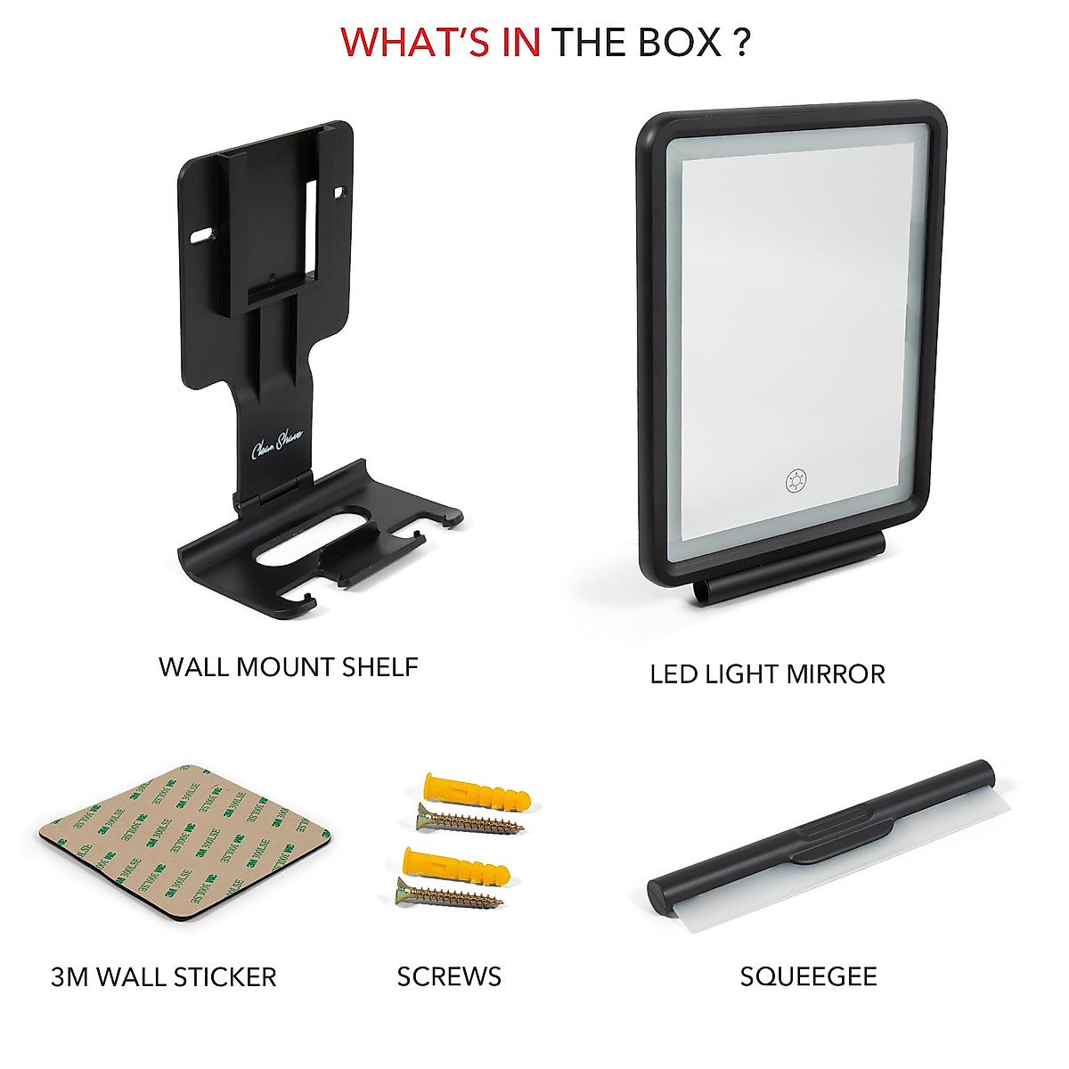 Clean Shave Fogless Shower Shaving Mirror with LED Lights - Clear Bright Mirror - Modern, Smooth Design - Storage for Razor and Bathroom Accessories - Squeegee - Tile or Wall Mounted, Easy to Install