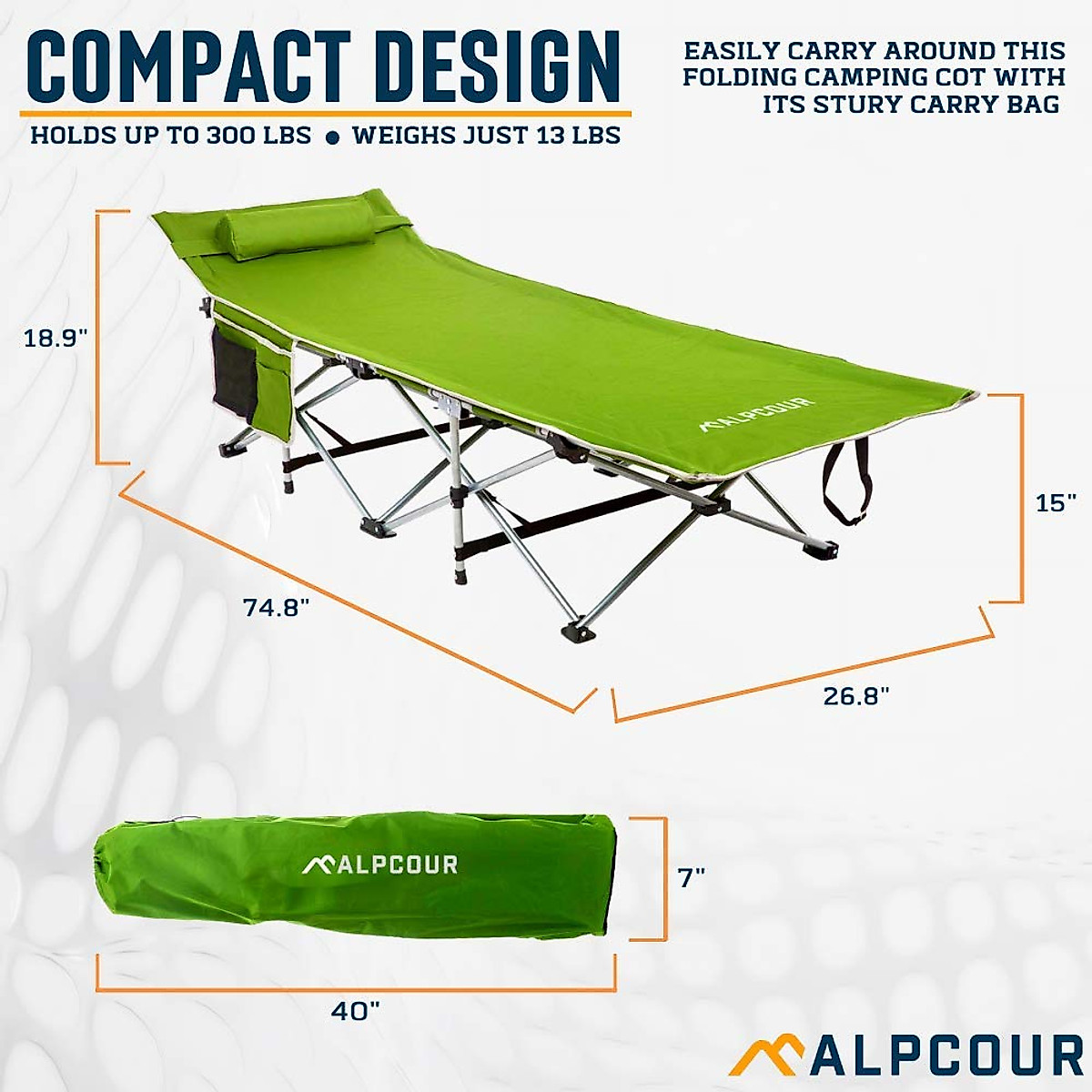 Alpcour Folding Camping Cot – Deluxe Collapsible Single Person Bed in a Bag w/Pillow for Indoor & Outdoor Use – Ultra Lightweight, Comfortable, Heavy Duty Design Holds Adults & Kids Up to 300 Lbs