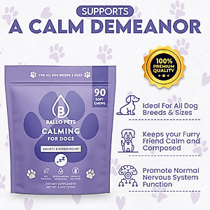 Ballo Pets Calming Chews for Dogs | Natural Stress & Anxiety Relief for Dogs - Help Manage Fireworks, Thunder, Seperation – 90 Soft Chews with Hemp, Melatonin, Chamomile, Ashwaganda- Chicken Flavor