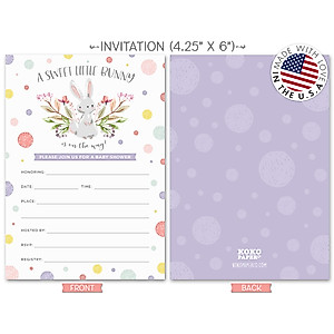 Koko Paper Co Sweet Little Bunny Baby Shower Invitations and Diaper Raffle Tickets | Pack of 25 Fill-in Invitations, Diaper Raffle Tickets and Envelopes | Printed on Heavy Card Stock.