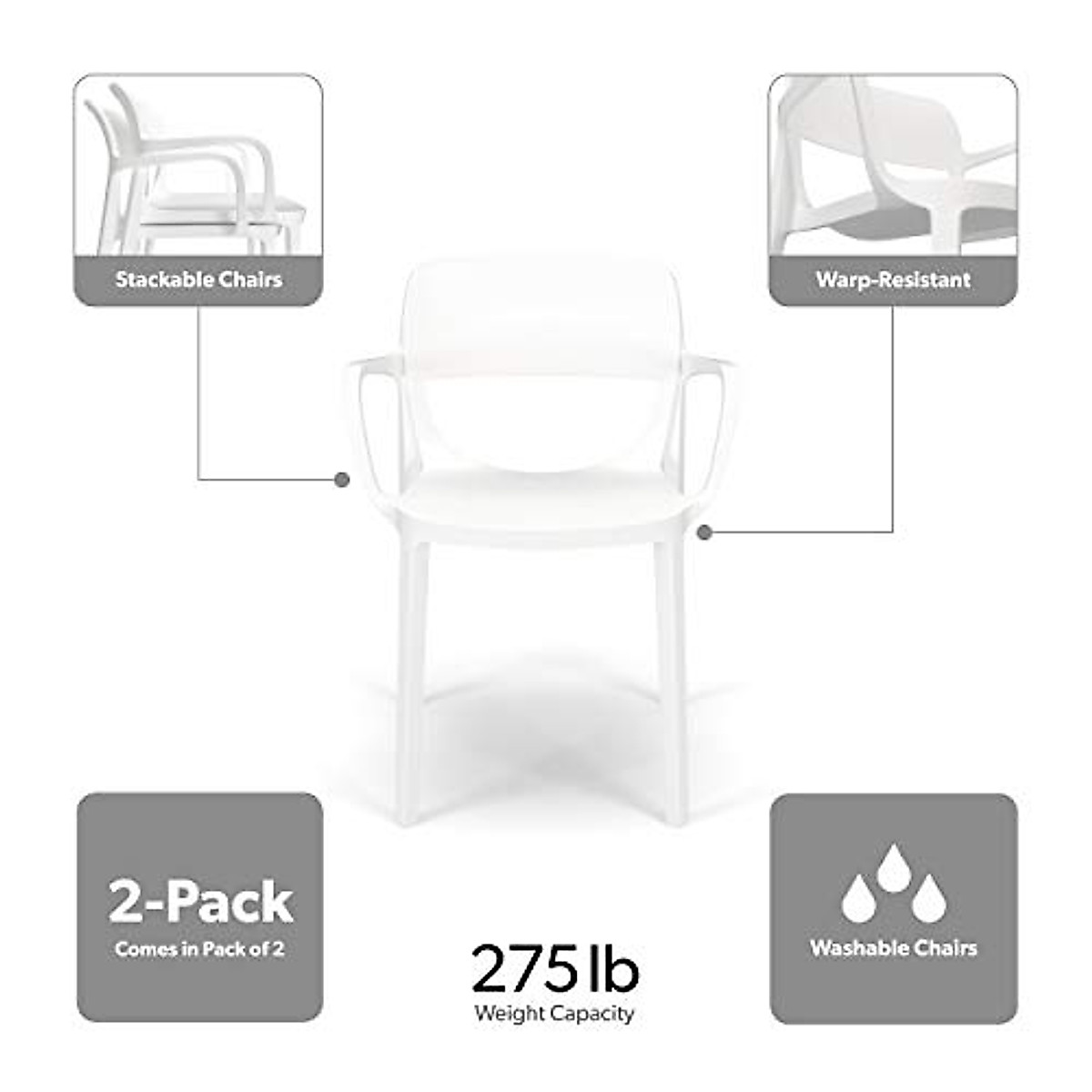 HON Basyx Prodigy Commercial-Grade 2-Pack Stackable Arms, Indoor & Outdoor Chair, White