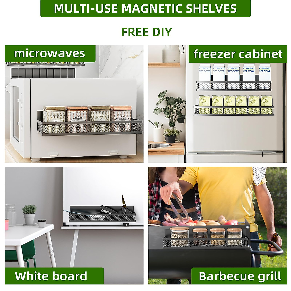 Umomi Magnetic Spice Rack for Refrigerator, 3 Pack Magnetic Shelf for Refrigerator, Moveable Fridge Magnetic Spice Racks with 10-Hook Rack for Kitchen Organizers and Storage
