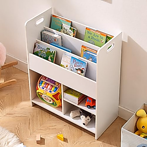 VECELO Kids Book Organizer - Wooden Children’s Bookshelf with 3-Tier Display and 2-Tier Storage Compartments, Easy-to-Access Toddler Bookcase for Playroom, Bedroom, or Nursery - White